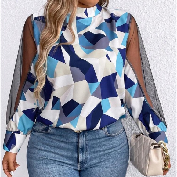 Tops | Plus Size Abstract Geo Print Sheer Mesh Long Sleeve Top Blouse ...